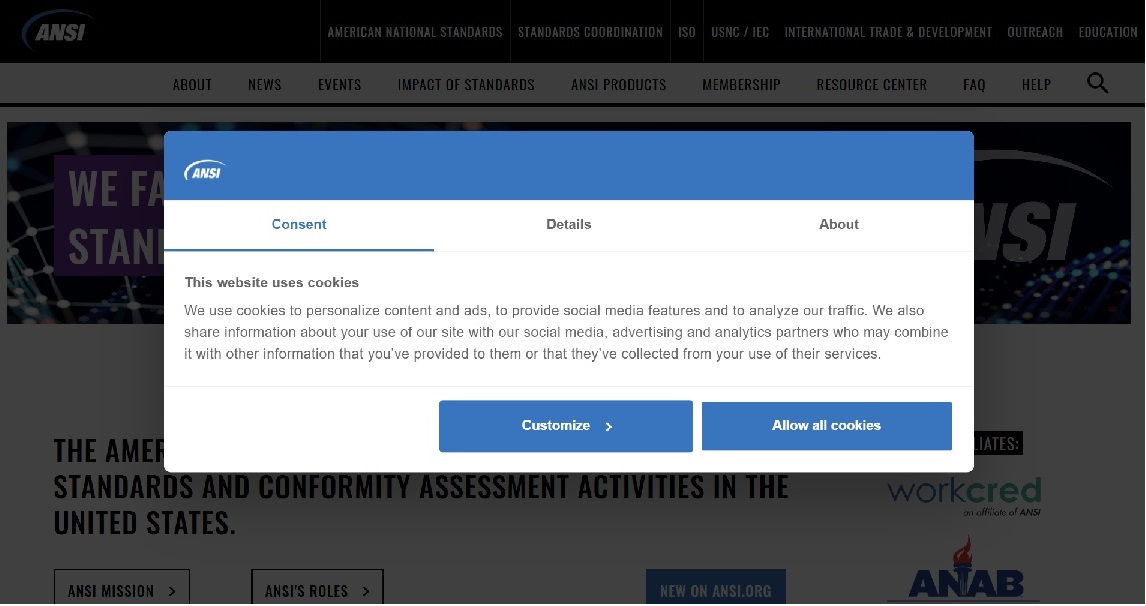 Cookie Consent settings on ansi.org